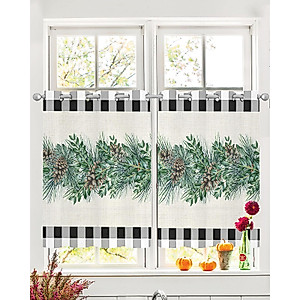 Christmas Sheer Curtains 39 Inches Long, Pine Branch Pine Cone on Buffalo Plaid Window Curtain Drapes Light Filtering Voile Curtains for Bedroom/Living Room/Kitchen (W27.5 x L39 Inch, 2 Panels)