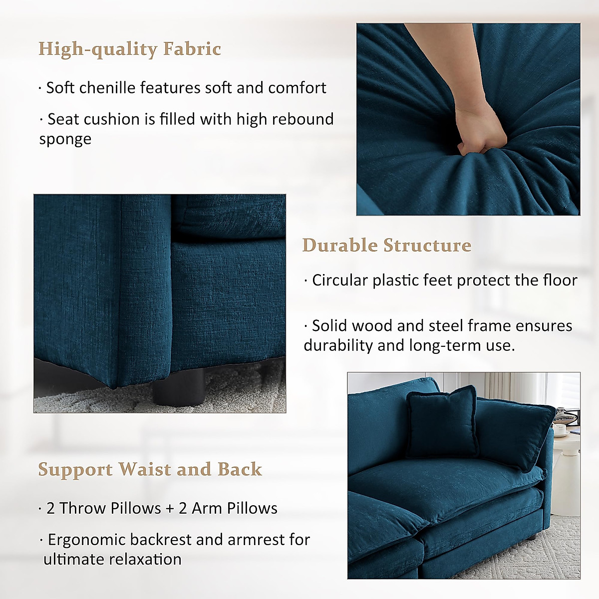 Suheww Comfort Chenille Loveseat Sofa, Modern Love Seat 2-Seater Sofa Cloud Couches for Living Room Bedroom Office Apartment (Blue, Loveseat)