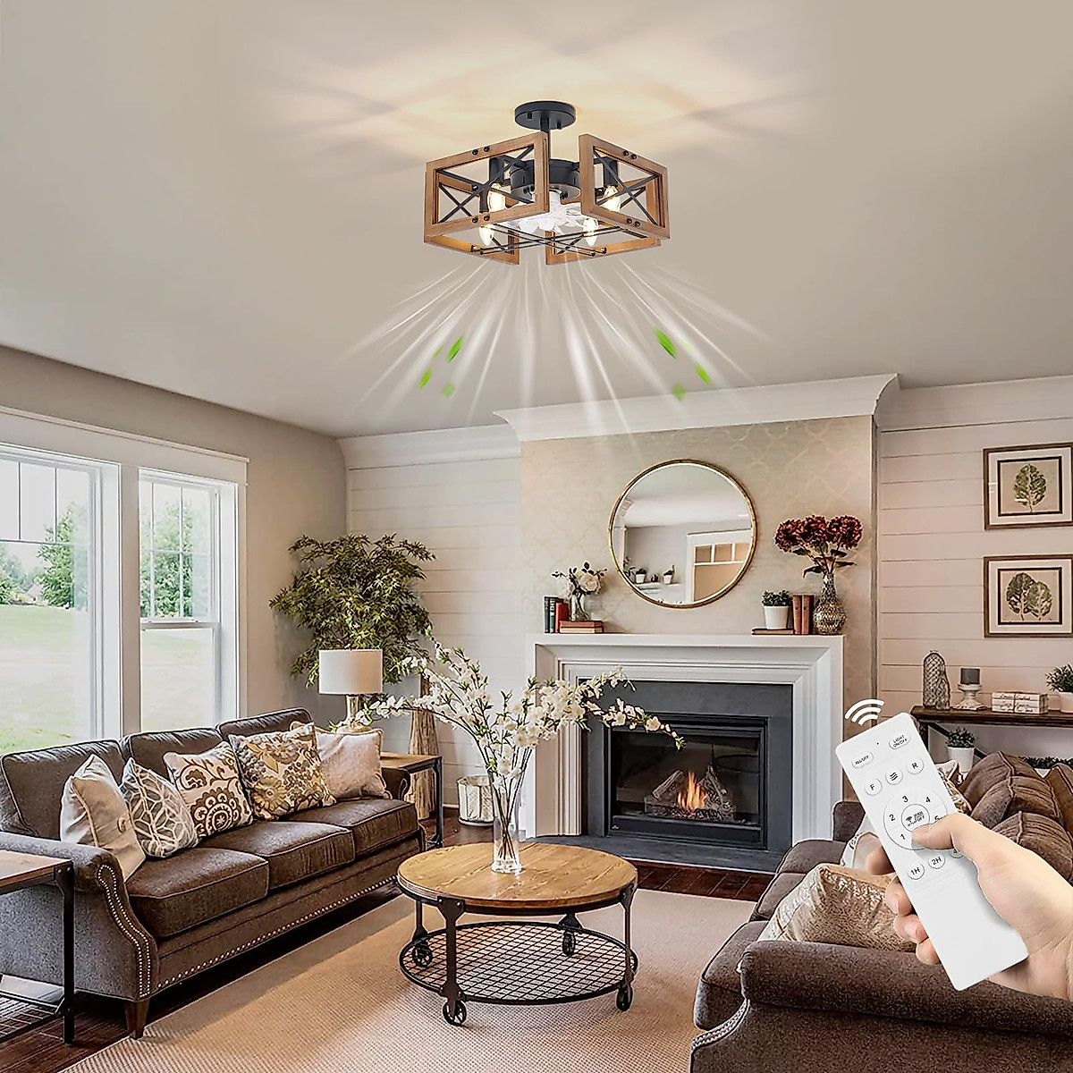 Farmhouse Ceiling Fans with Lights, Wood Flush Mount Ceiling Fan Lights with Remote Control,Caged Indoor Ceiling Fan with Light for Living Room,Bedroom,Kitchen