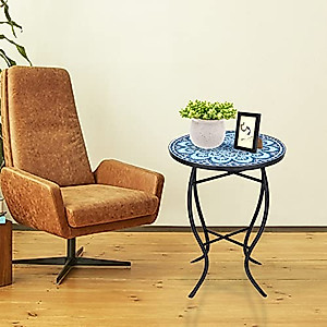 VCUTEKA Mosaic Outdoor Side Table, 14" Round Small Patio Accent Table Indoor End Table for Yard, Garden, Living Room, Bistro Balcony or Lawn Blue