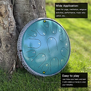 BeatRise Tongue Drum 13 Inch 15 Notes Steel Tongue Drum Professional Steel Drum Handpan Percussion Instrument with Travel Bag Rope and Mallets for Mind Healing Yoga (Emerald Green)