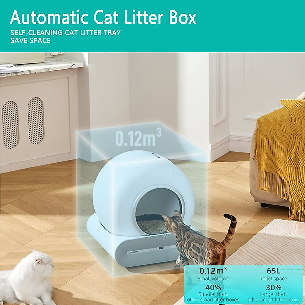 Cat Automatic Smart Self-Cleaning Cat Litter Box,Cat Litter Cleaning Robot with 65L+9L Large Capacity, App Control Smart for Multiple Cats