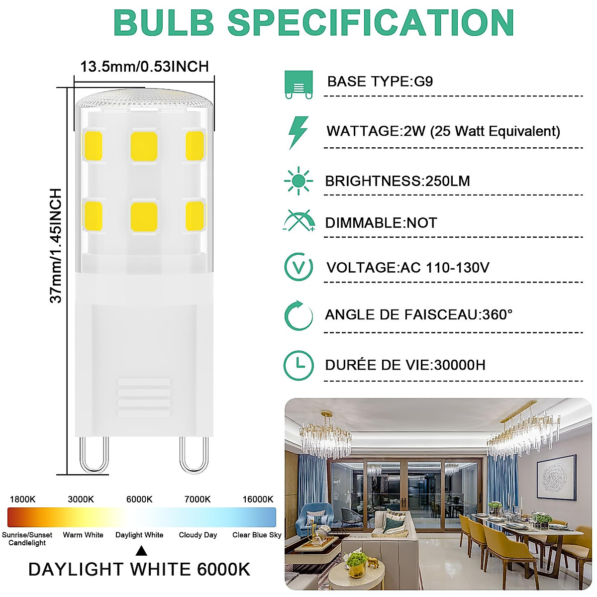 SNBIHIBE G9 LED Bulb 2W,25W Halogen Light Bulbs Equivalent 250LM,120V Mini T4 G9 Bi-Pin Base 6000K Daylight White,No Flicker, for Bathroom, Vanity, Ceiling Lamp, Home Lighting 5Pack
