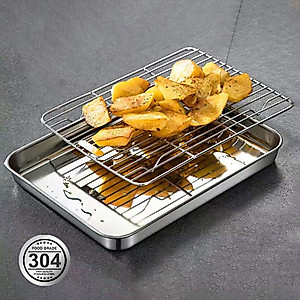 Baking Sheet with Rack Set [1Cookie Sheets + 1 Cooling Racks], TCOOME Stainless Steel Baking Pan and Grill Rack -Non Toxic & Healthy Oven Pan,Heavy Duty&Rust & Warp Resistant (Medium)