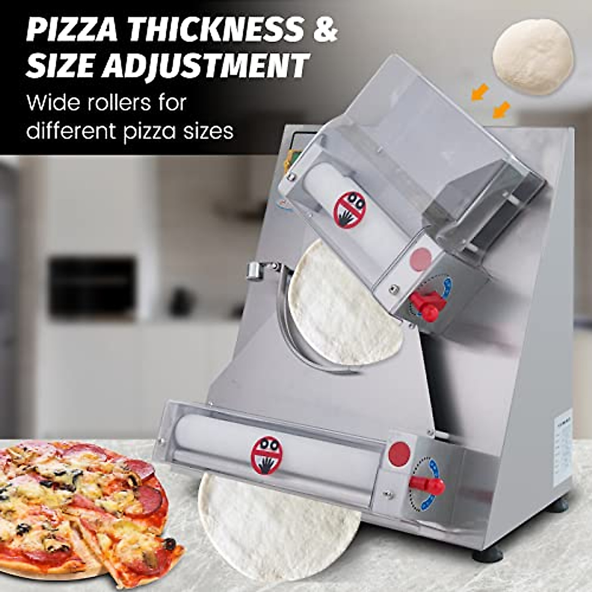 Hakka Pizza Dough Roller Sheeter - Adjustable Thickness and Size, Transparent Covers, 304 Stainless Steel, 370W, 110V