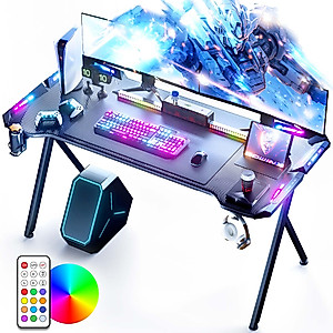 Dowinx Gaming Desk with LED Lights, RGB Gaming Computer Table with Carbon Fibre Surface, LED Home Office Desk with Remote Control, Pc Workstation with Cup Holder and Headphone Hook, 55 Inch, Black