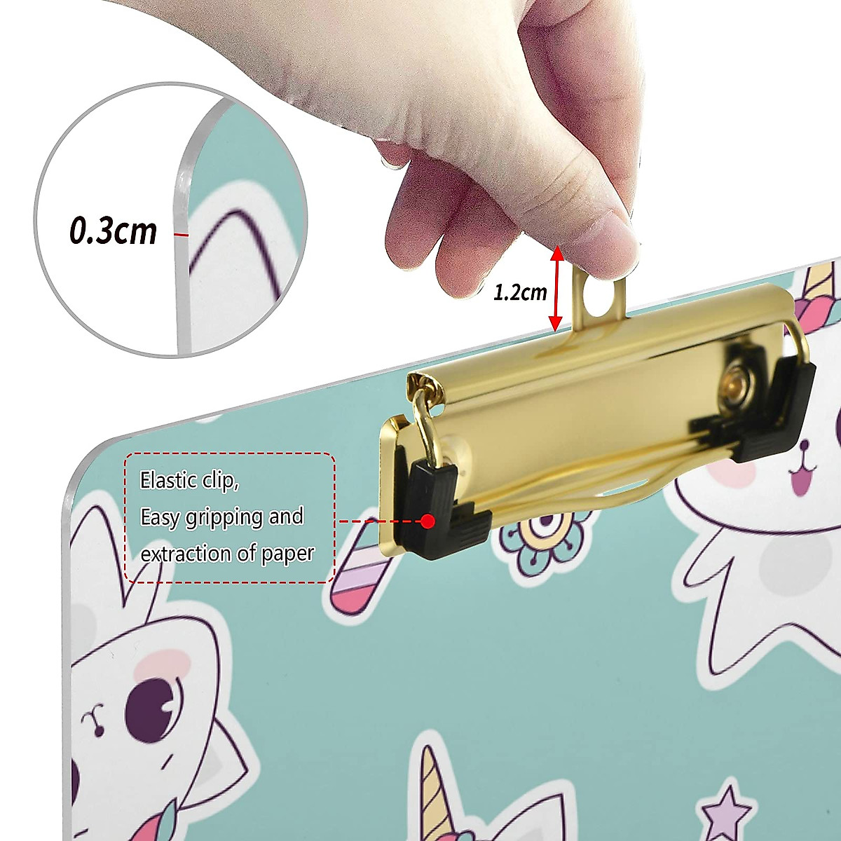 Plastic Clipboard Cute Unicorn Cat Caticorn A4 Letter Size 12.5 x 9 Inch with Metal Low Profile Clip for Office Classroom Students Coaches （Gold Clip）