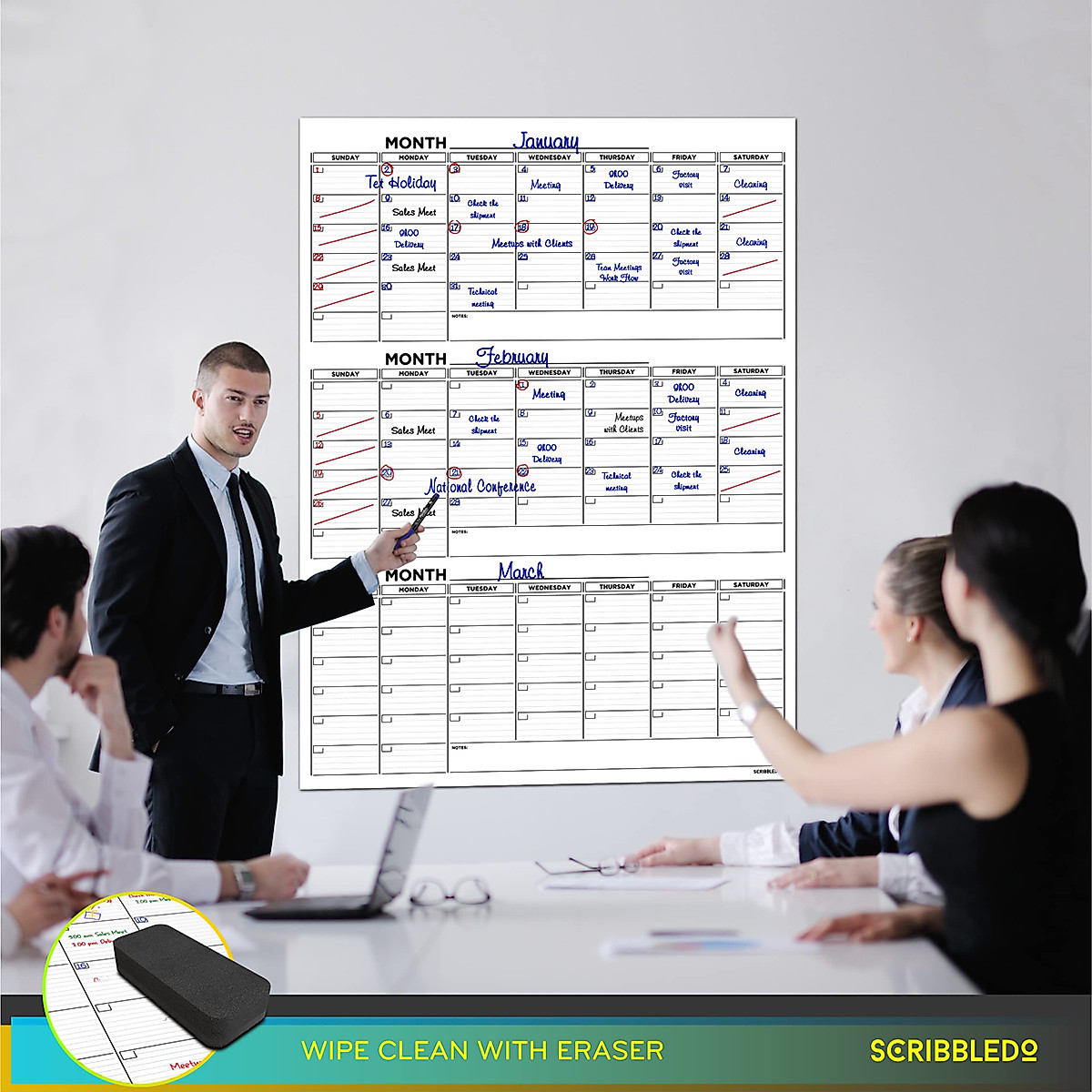Large 36"x48" Quarterly White Board Calendar Dry Erase Calendar for Wall 3 Month Big Dry Erase Wall Calendar 2025 Monthly Dry Erase Board Planner Includes 6 Markers Eraser Push Pins & Mounting Tape