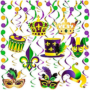 Mardi Gras Hanging Decorations - Mardi Gras Garland Crown Mask Sign for Masquerade Party Decorations Gold Green Purple Foil Swirl New Orleans Celebration Mardi Gras Party Supplies