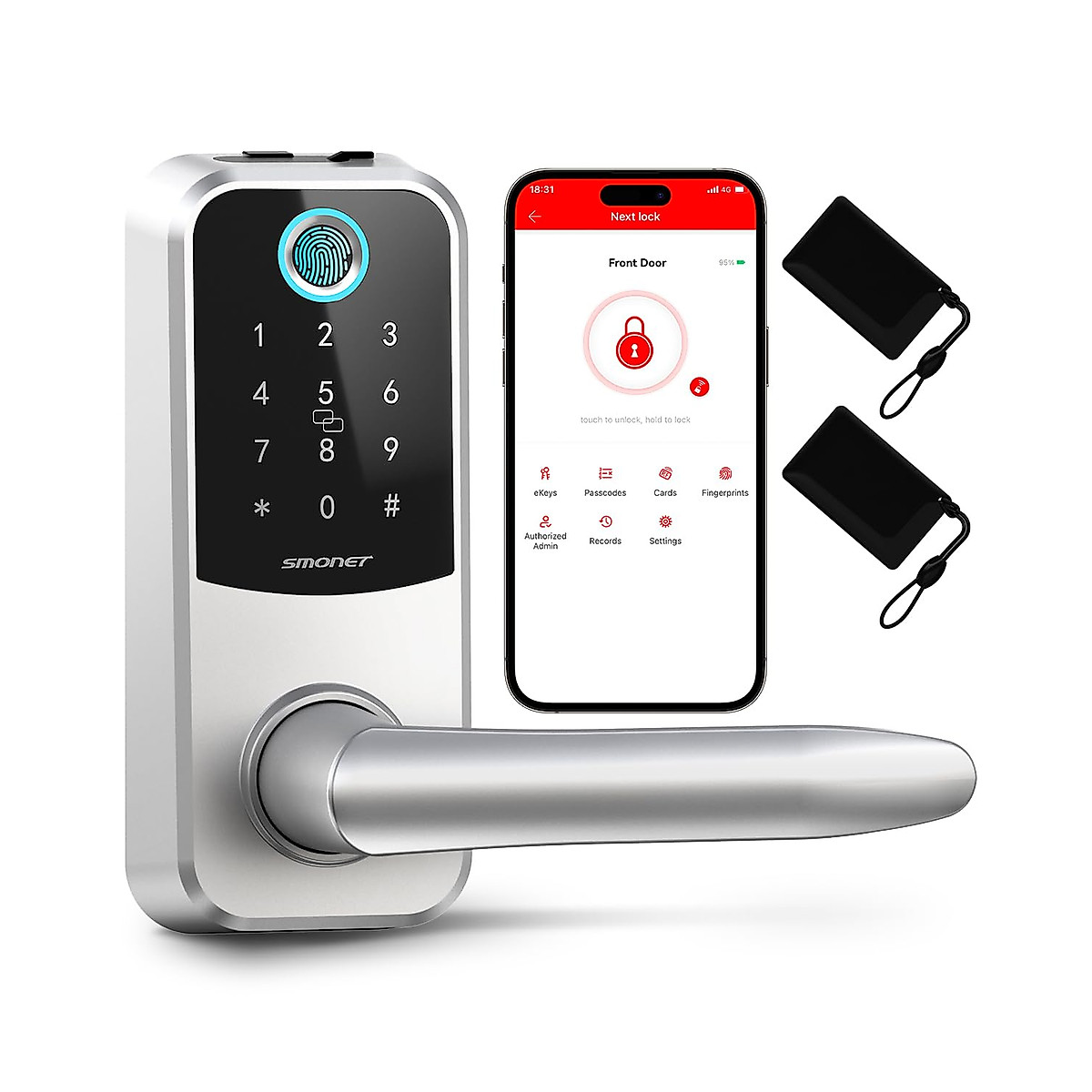 Smart Lock, SMONET Deadbolt Lock with Keypad, Keyless Entry Biometric Fingerprint Front Door Locks, Bluetooth Electronic Digital Lock with Reversible Handle, App Control, IC Card for Home, Apartment