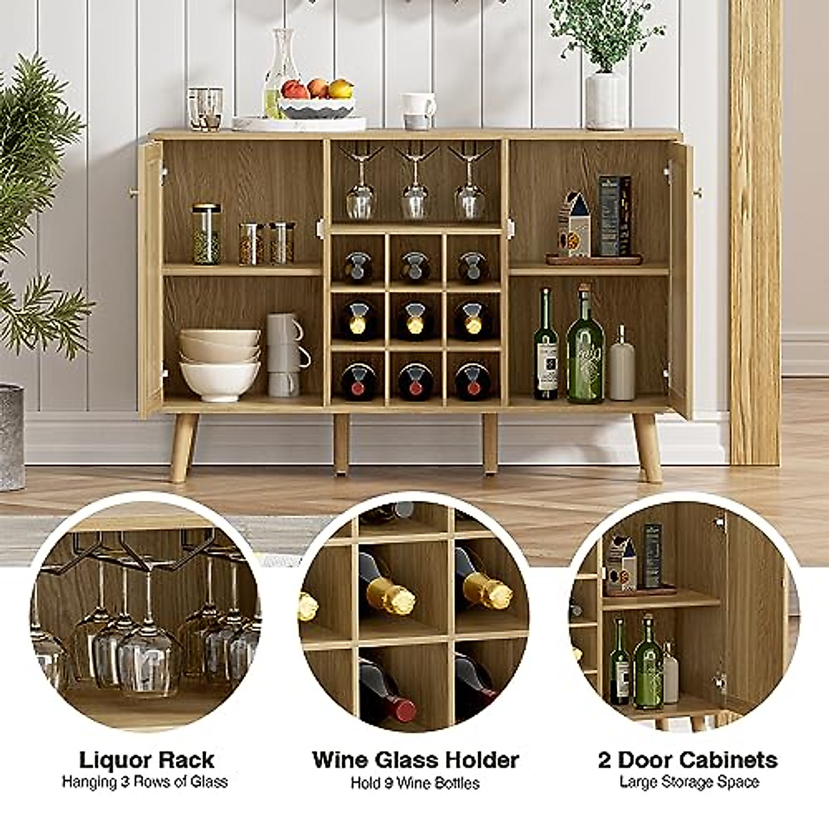 Giluta Rattan Wine Bar Cabinet 2-Door Farmhouse Liquor Cabinet with Wine Rack and Glass Holder, Rustic Oak Sideboard Buffet Storage, Modern Wooden Coffee Bar Cabinet for Living Dining Room Kitchen