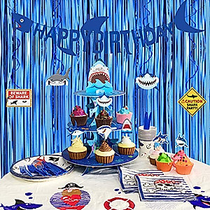 3 Tiers Shark Cardboard Cupcake Stand Birthday Party Supplies, Cupcake Dessert Cupcake Holder with 24pcs Cupcake Toppers for Kids Boys Girls Ocean Birthday Party, Baby Shower, Shark Party Decorations