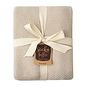 Sticky Toffee Cotton Woven Tan Throw Blanket, Lightweight Herringbone Weave, Warm and Soft Blanket for Couch Sofa or Bed, Oeko-Tex Cotton Throw, 60 in x 50 in