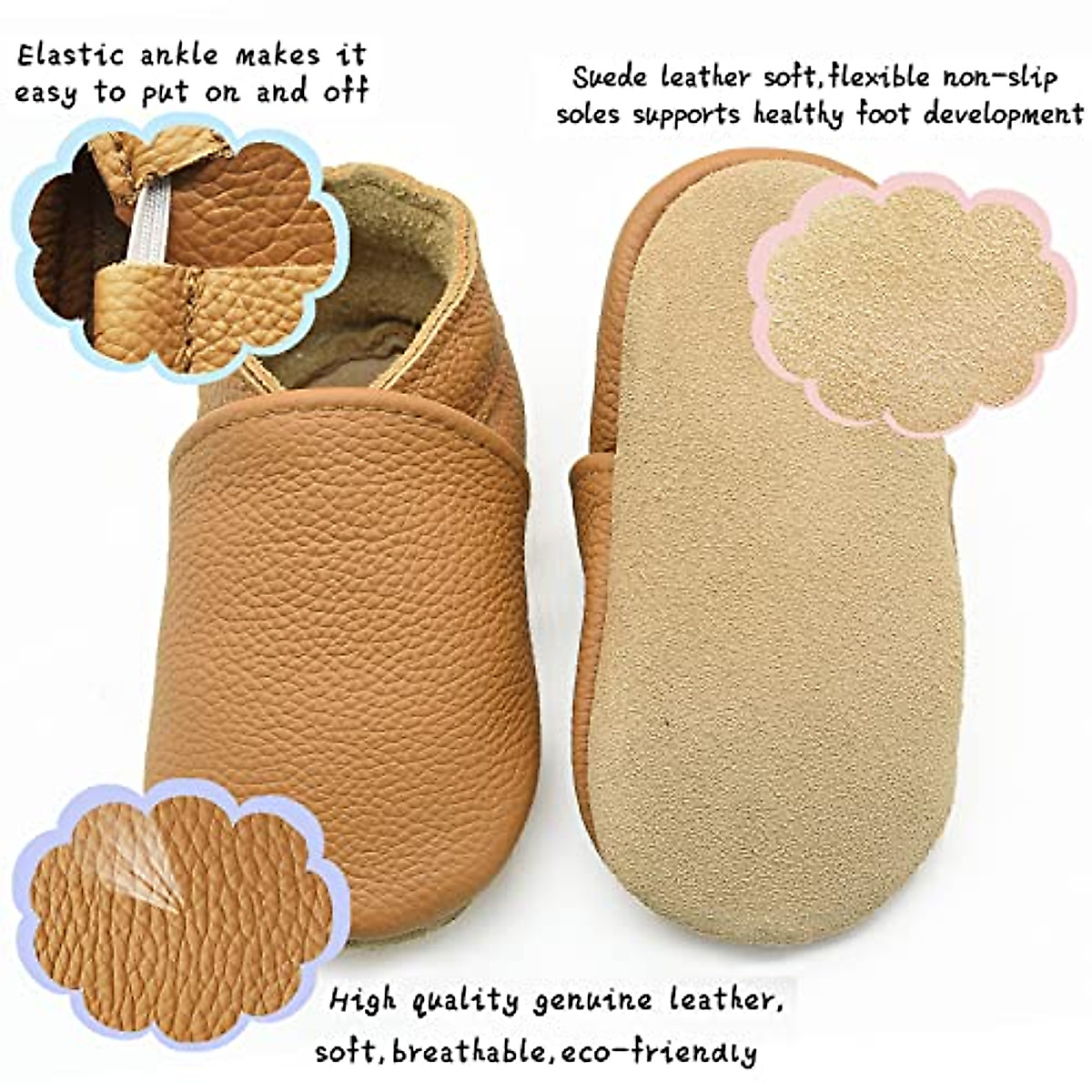 OWLOWLA Soft Sole Baby Shoes Leather Baby First Walking Crib Shoes Slip-on Baby Moccasins Infant Toddler Pre-Walker Shoes for Boy Girl(F-Ginger,6-12months)