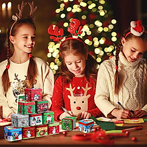 Lallisa 24 Pcs Christmas Cookie Tins with Lids 12 Styles Square Xmas Candy Tin Set Small Metal Candy Box Mini Tinplate Cookie Candy Boxes for Gift Giving Holiday Party Favors, 2.95 x 2.95 x 2.56 Inch