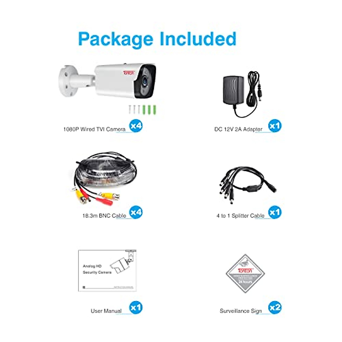 Tonton 4 Pack 1080P Wired CCTV HD Security Analog Bullet Camera Outdoor,Supports HD TVI Model,Aluminum Metal Housing,90° Viewing Angle,Suitable for Hybrid 5 in 1 DVR Recorder