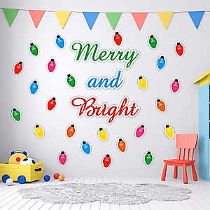 Christmas Bulletin Board Decorations, Merry and Bright Light Bulb Paper Cutouts Xmas Holiday Winter Classroom Wall Decorations for Kids Nursery Home Bedroom