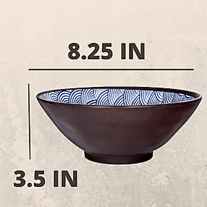 Needzo Brown and Blue Seigaiha Pattern Japanese Melamine Bowl, Serving Bowls for Soup, Ramen, Cereal, and more, Cute Kitchenware, 8.25 Inches