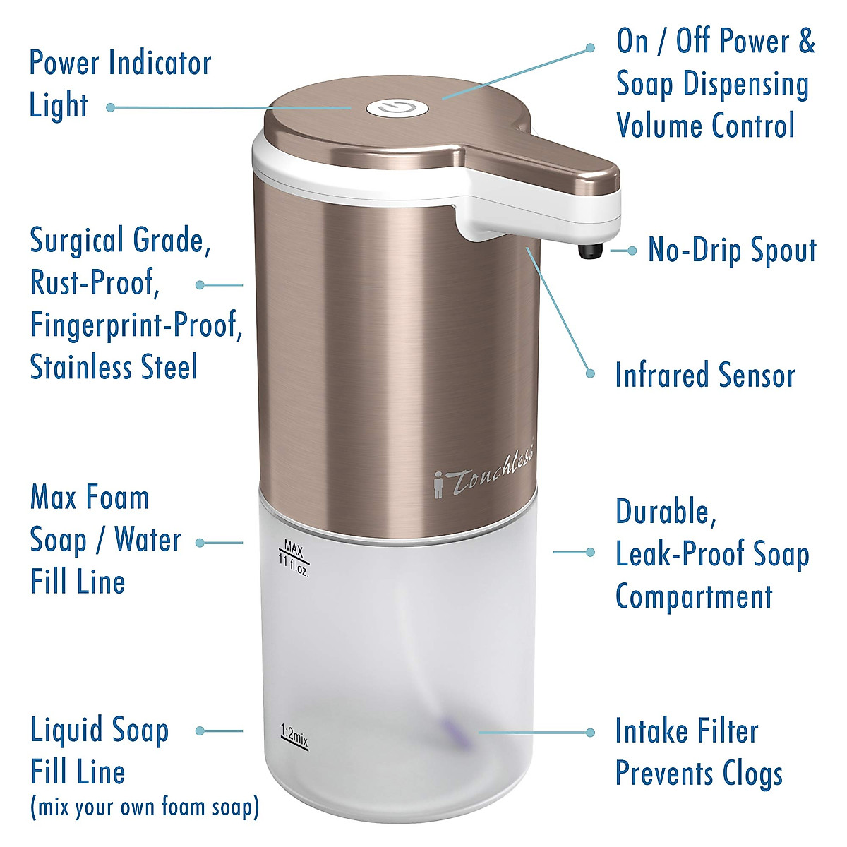 iTouchless, Rust-Free Stainless Steel Automatic Touchless Pump, Mix Your Own FoamSoap, Restroom, Bathroom, Kitchen, Save Time and Money, Soap Dispenser, 11 fl oz, Ultraclean, Rose Gold