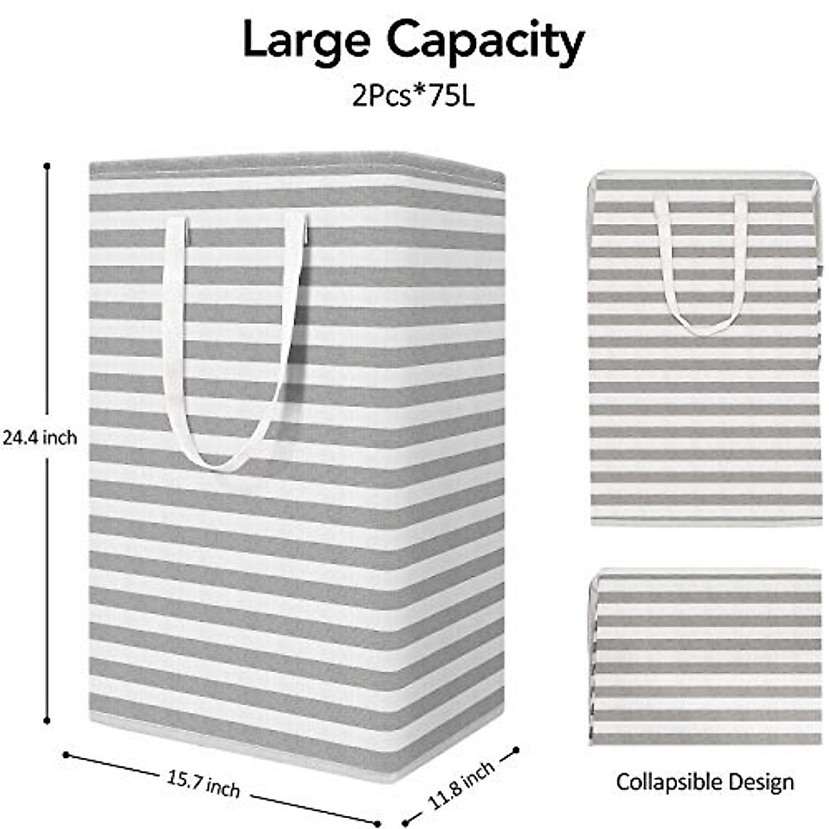 WISELIFE 2-Pack Laundry Hamper 75L Collapsible Large Laundry Baskets with Easy Carry Handles Freestanding Waterproof Clothes Hamper Storage Basket for Toys Clothes Organizer - 24.4" (H), Grey
