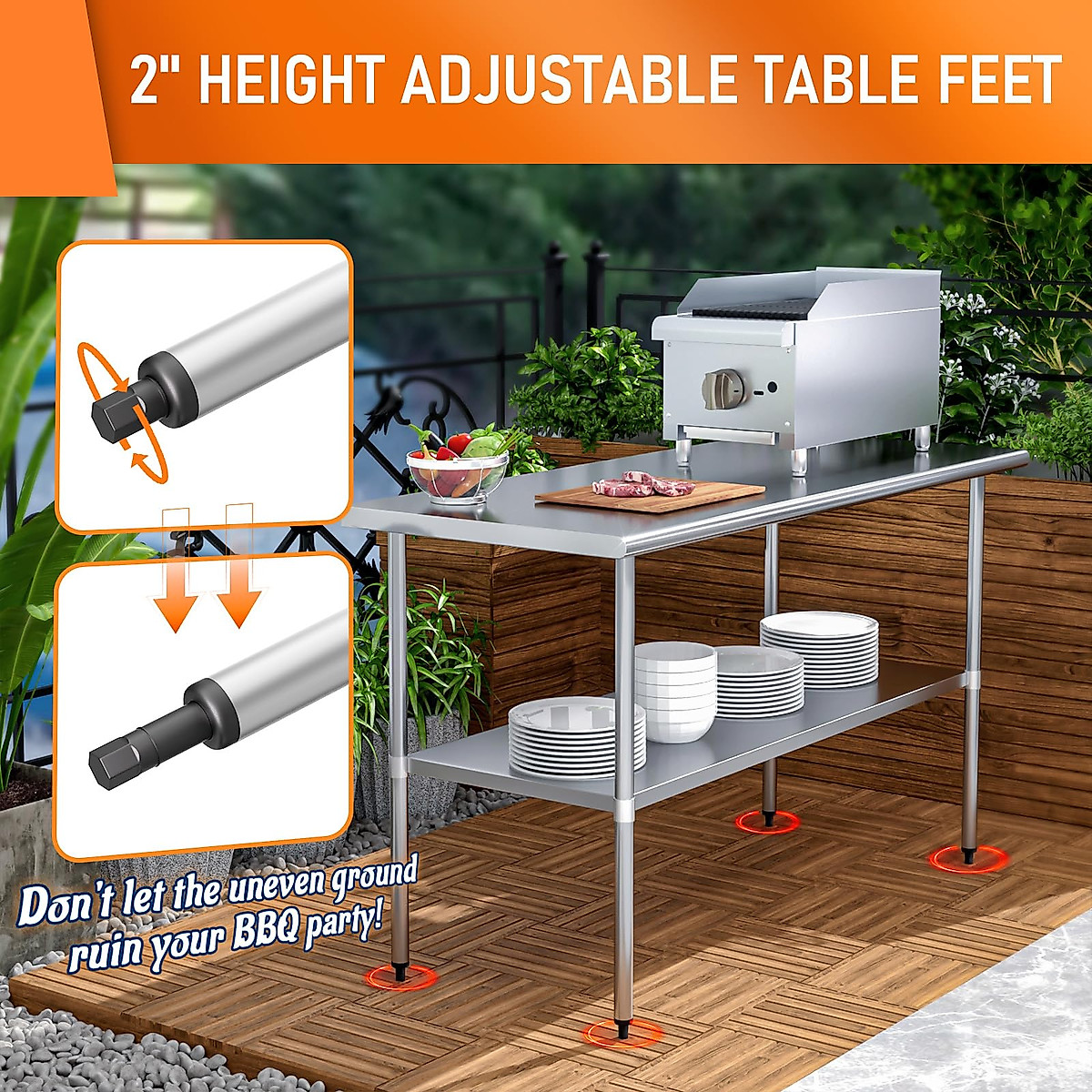 HOCCOT Stainless Steel Table for Prep & Work 24" X 60" inches with Adjustable Shelf, Commercial Workstations, Utility Table in Kitchen Garage Laundry Room Outdoor BBQ