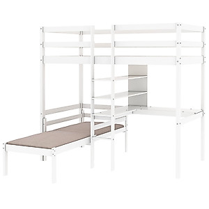 Harper & Bright Designs Twin Loft Bed with L-Shape Desk, Convertible Twin Bunk Bed with Shelves and Ladder, for Kids Teens Adults (White)