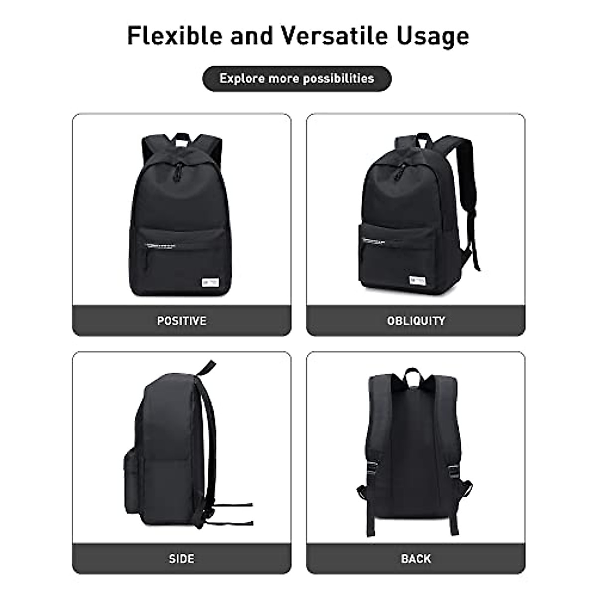 CAMILLEMMA Black Simple Cute Backpack for Teen Girls Boys, Casual Daypack High School Bookbag for Women Men, Lightweight Travel Laptop Back Pack Classic Basic College Backpack