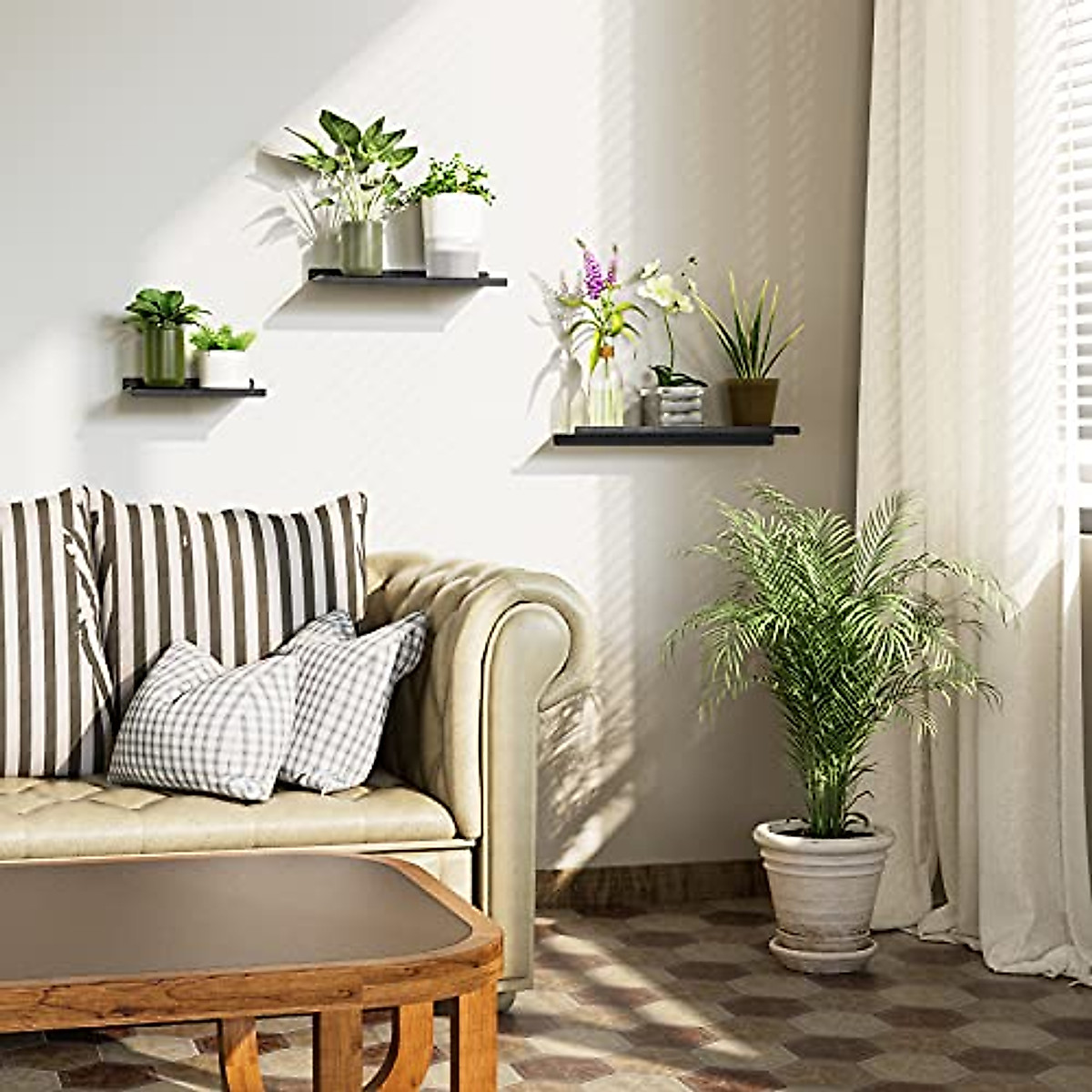 SRIWATANA Black Floating Shelves, Metal Wall Shelves Set of 3 for Bedroom, Living Room, Bathroom, Kitchen, Matte Black