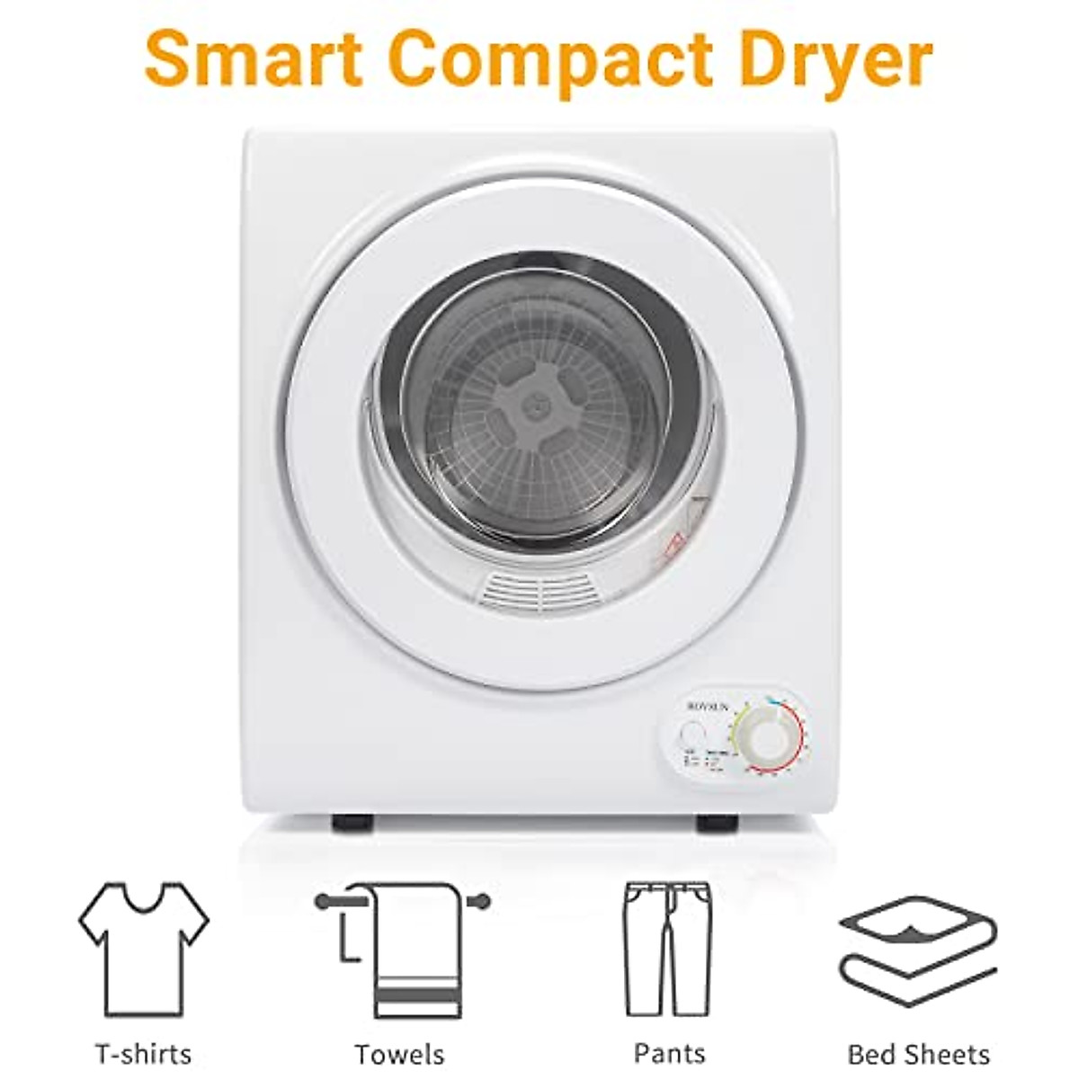 ROVSUN 110V Portable Clothes Dryer, High End Laundry Front Load Tumble Dryer Machine with Stainless Steel Tub & Simple Control Knob for Apartment, Dorm-850W, White