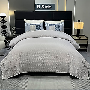 VIVILINEN Queen Size Quilt Set Grey Patchwork Floral Plaid Reversible Quilted Bedspread Coverlet 3-Piece Lightweight Comforter Stitched Bedding Set Bed Sheet Set Cover Blanket with 2 Pillow Shams