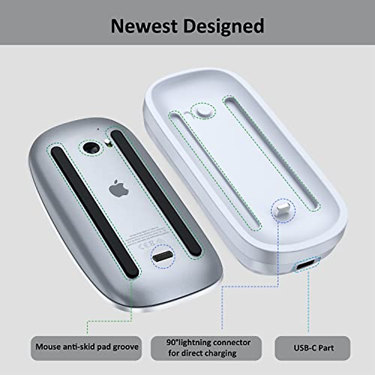 HONKID Charging Station for Magic Mouse 2 and Wireless Charging QI Cell Phone, Double-Sided Charging, Usable as Magic Mouse Charger, Stand, and Wireless Charger, USB-A to USB-C Cable Long 5ft, White