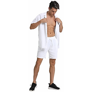 RPOVIG Linen Shirt Short Outfits:Men's Beach 2 Pieces Casual Button-Down Sets