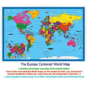 Natural Learning Children's Placemat (2 Placemats: USA/Europe Centered World Map; Alphabet/Colors and Numbers/Shapes 4-in-1)