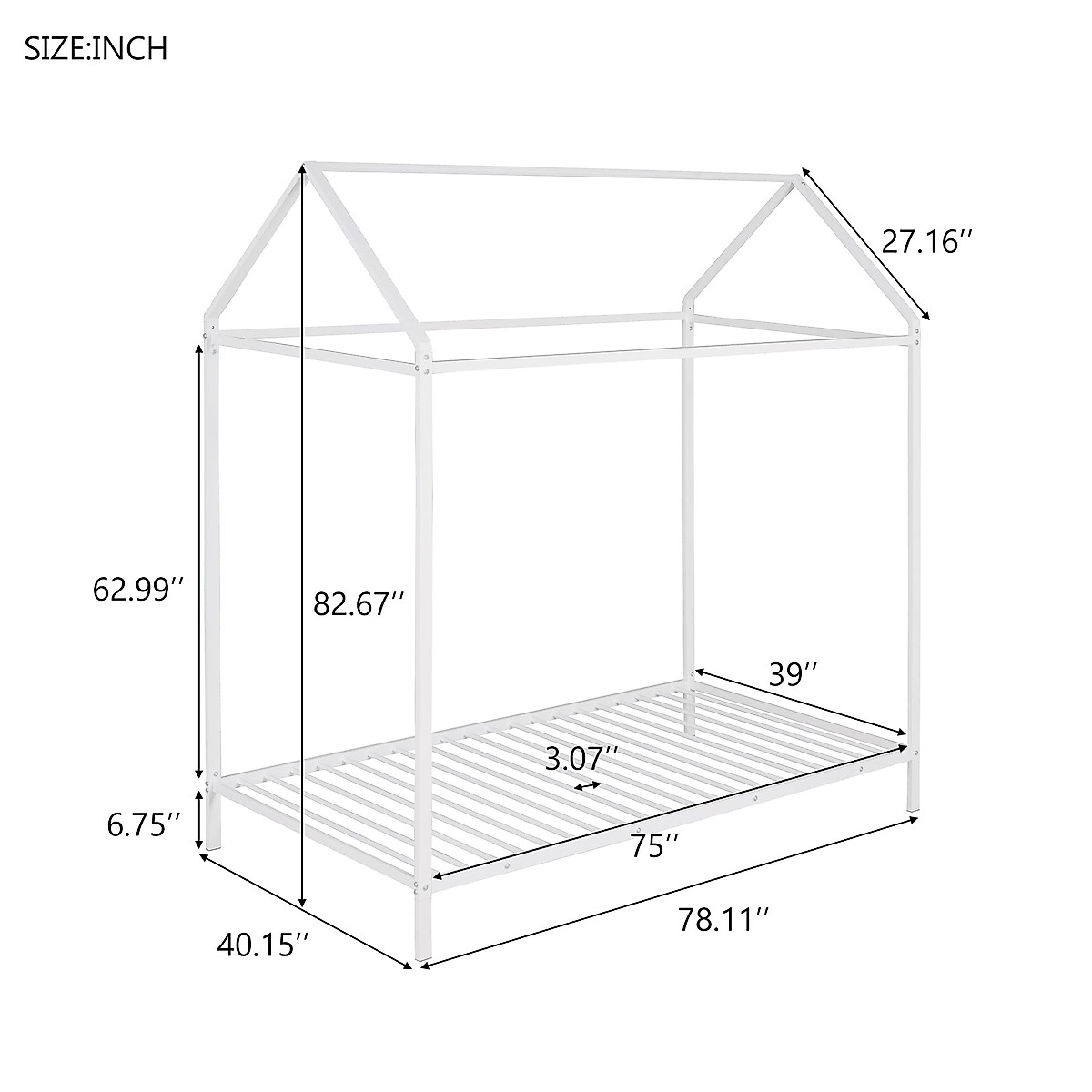 Twin House Bed for Kids, Montessori Bed Frame Metal Platform Bed Floor Bed for Boys Girls, No Box Spring Needed - White