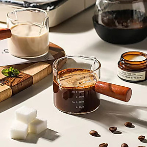 DEESUNG 2 Pack - Espresso Shot Glasses, Double Spouts, High Borosilicate Glass Material with Wood Handle, 2 OZ (75 ml) Capacity, Multiple Functions, Coffee Cup, Honey jar, Salad jar