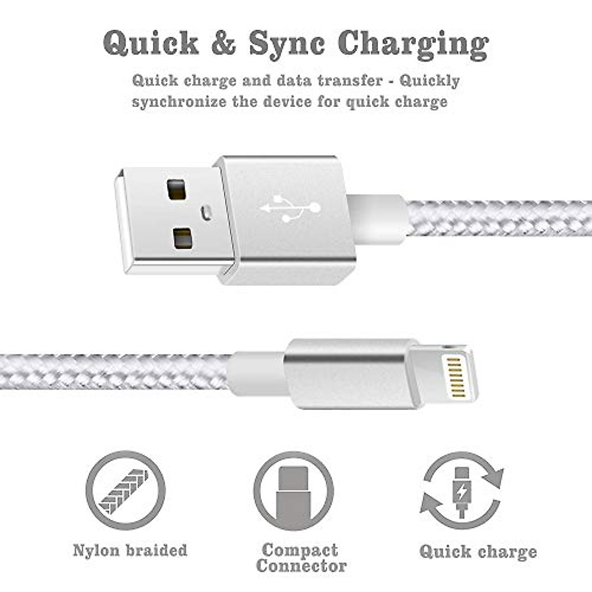 Ximytec iPhone Charger Cable [Mfi-Certified] 3Pack 10ft Nylon Braided High Speed USB Charging Cord Compatible with iPhone 12/11/XS/XR/X/8/7/6/5/iPad-SilverGray