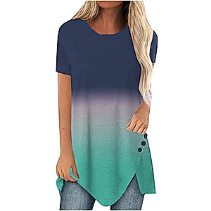 Womens Tie Dye Gradient Tshirt Side Split Button Irregular Hem Tops Short Sleeve Crewneck Blouse Plus Size Hide Belly Tunic