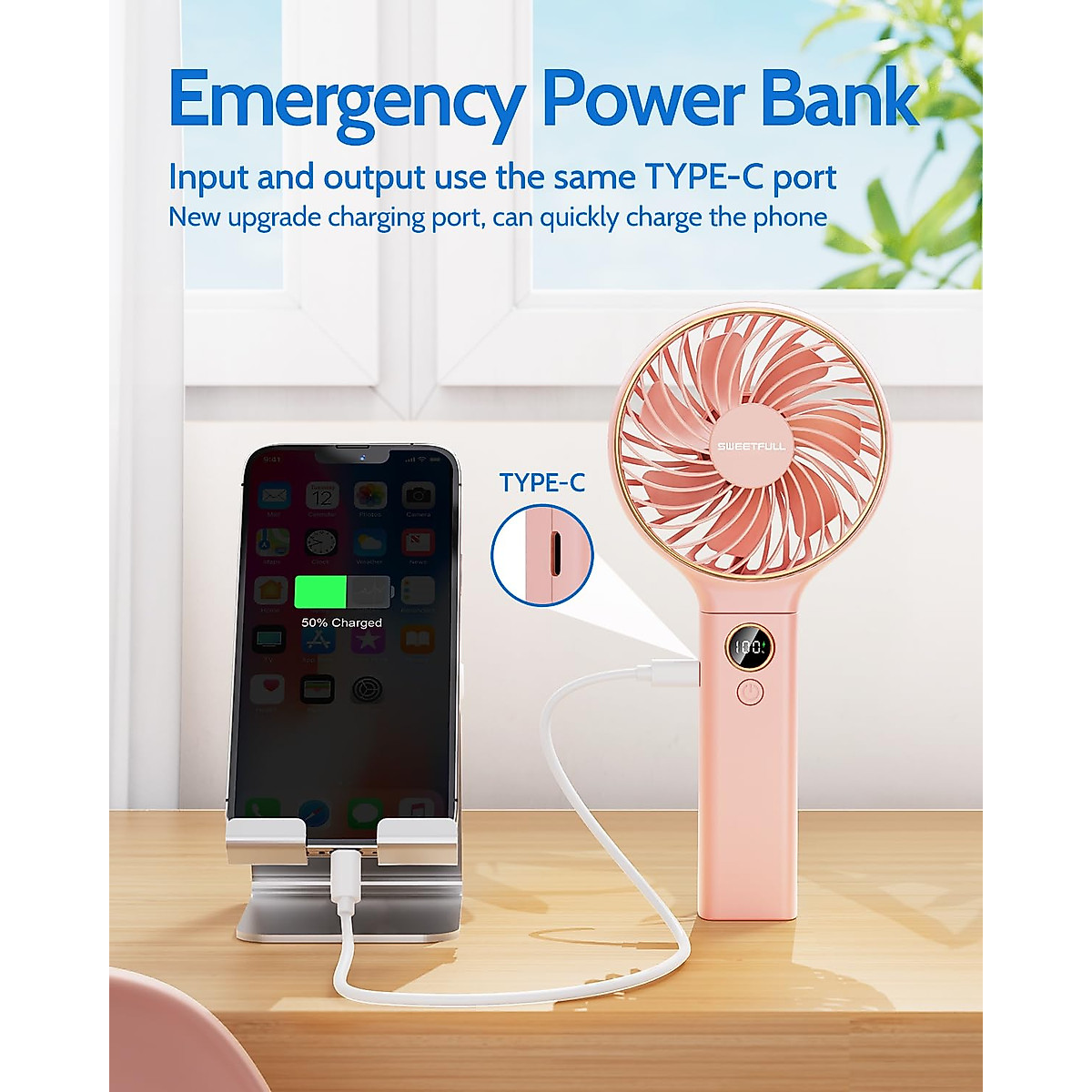 SWEETFULL Handheld Fan, Portable Fan, 5000mAh Rechargeable Battery, 6 Speed Wind, LED Display, Personal Mini Travel Fan with Backup Power, Hand Held Fan USB Foldable Electric Fan for Women Girl