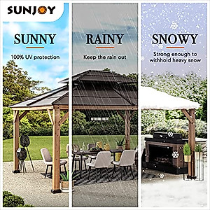 Sunjoy Hardtop Gazebo 13' X 15' Cedar Framed Wood Gazebo with Brown Double Steel Hardtop Roof Permanent Canopy for Garden, Backyard Shade