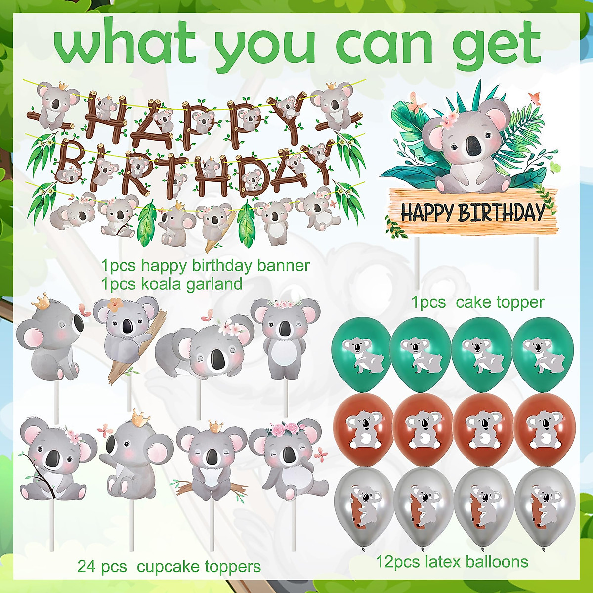 Koala Birthday Party Decorations with Cute Koala Happy Birthday Banner, Latex Balloons, Cake Cupcake Toppers for Koala Birthday Party Jungle Animal Party Supplies
