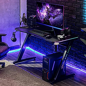S*MAX Gaming Desk with LED Lights Real RGB Leg Led Gaming Desk Wireless Charging & USB Pad Carbon Fiber Finish Large Z Shaped Gaming Table 47 Inch Cup Holder Headphone Hook Home Gaming Desk Black