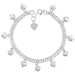 Sterling Silver Dangling Hearts and Jingle Bells Charm Charm Bracelet for Women 13mm drops fits 7-8 inch wrists