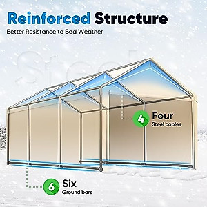 Quictent 10’x20’ Carport Heavy Duty Car Canopy Galvanized Car Shelter with Reinforced Steel Cables and Ground Bars-Beige