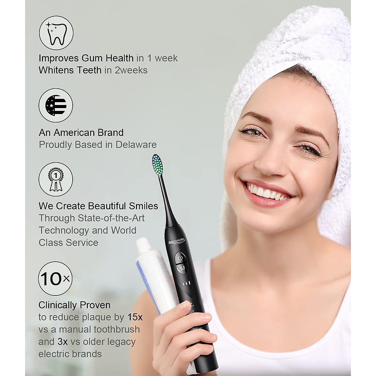 BAOVERI Electric Toothbrush with 8 Brush Heads for Adults&Kids, Ultrasonic Electric Toothbrushes, 5 Modes & 3 Intensity Levels, 2 Minutes Smart Timer, 4 Hours Fast Charge for 60 Days