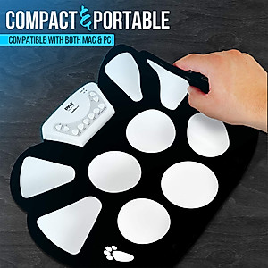 Pyle Compact & Ultra-Thin Portable Machine w/ 9 Electronic Pads, Foot Pedals, Drumsticks, & Power Supply Tabletop Roll Loaded W/Drum Electric Kits & Songs, Headphone Jack