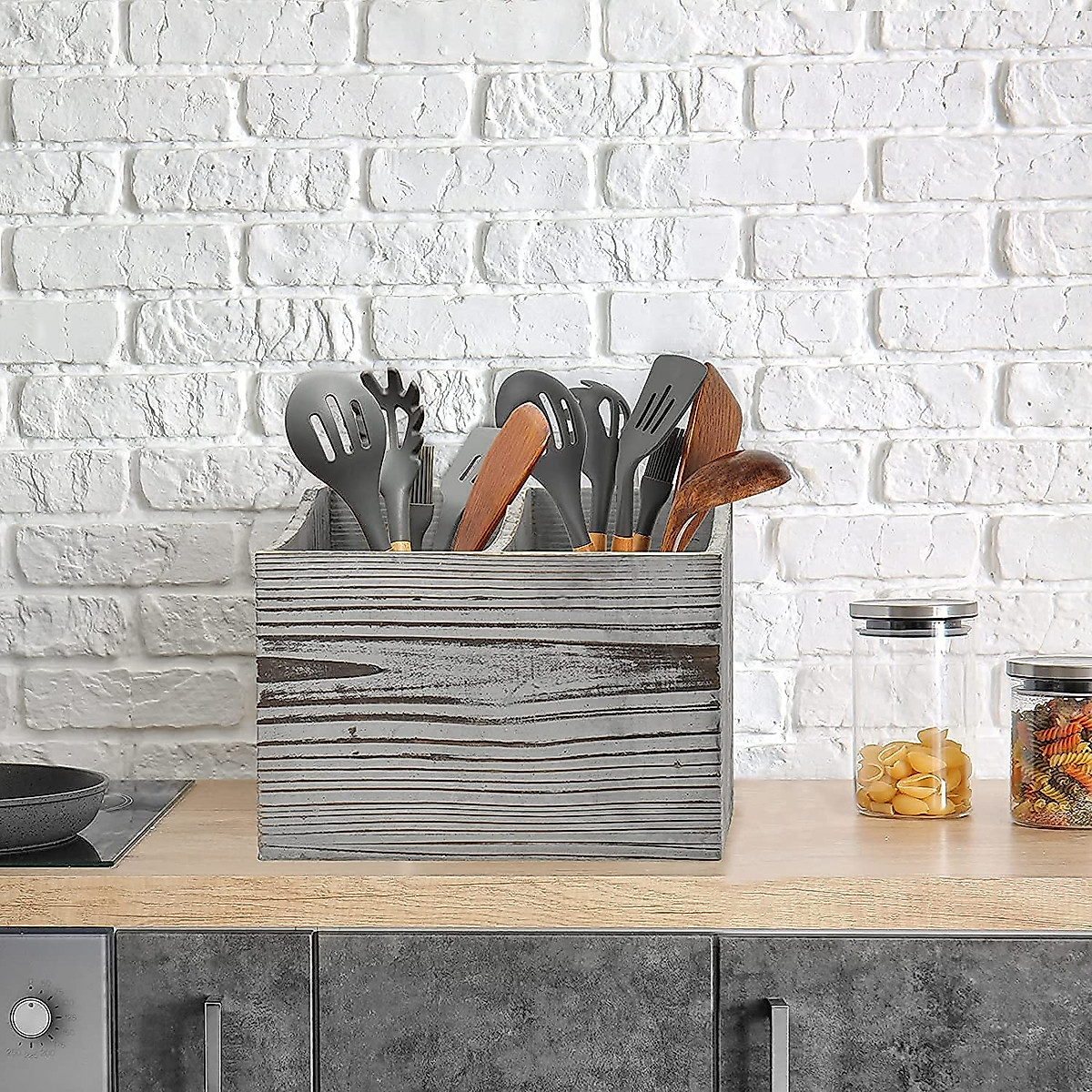 COZYYROME Utensil Holder for Counter Top Cooking Utensil Organizer with Dividers Storage Box for Utensils Crock Spoons Knives Forks Holder Flatware Organizer Utensil Crock Flatware Organizer