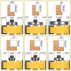 Eyech 1/4 Inch Shank Rabbet Router Bit Set with 6 Bearings Rabbeting Router Bit Bearings Set for Multiple Depths 1/8", 1/4", 5/16", 3/8", 7/16", 1/2"