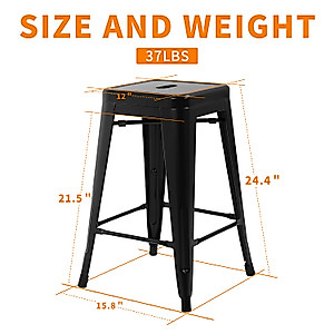 HCY 24 Inches Metal Bar Stools Set of 4 High Backless IndoorOutdoor Counter Height Barstools Stackable Metal Chairs Home Kitchen Dining Stool Backless Patio Bar Chair（Black） 16 16 24