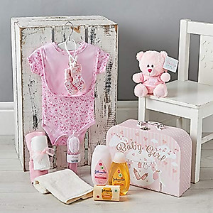 Newborn Gift Set for Baby Girl – Pink Keepsake Box with Baby Clothes, Teddy Bear and Newborn Essentials - Welcome Baby Basket for Parents Makes a Unique Shower Gift