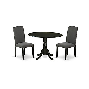East West Furniture Dublin 3 Piece Modern Dining Set Contains a Round Wooden Table with Dropleaf and 2 Dark Gotham Linen Fabric Upholstered Chairs, 42x42 Inch, Black